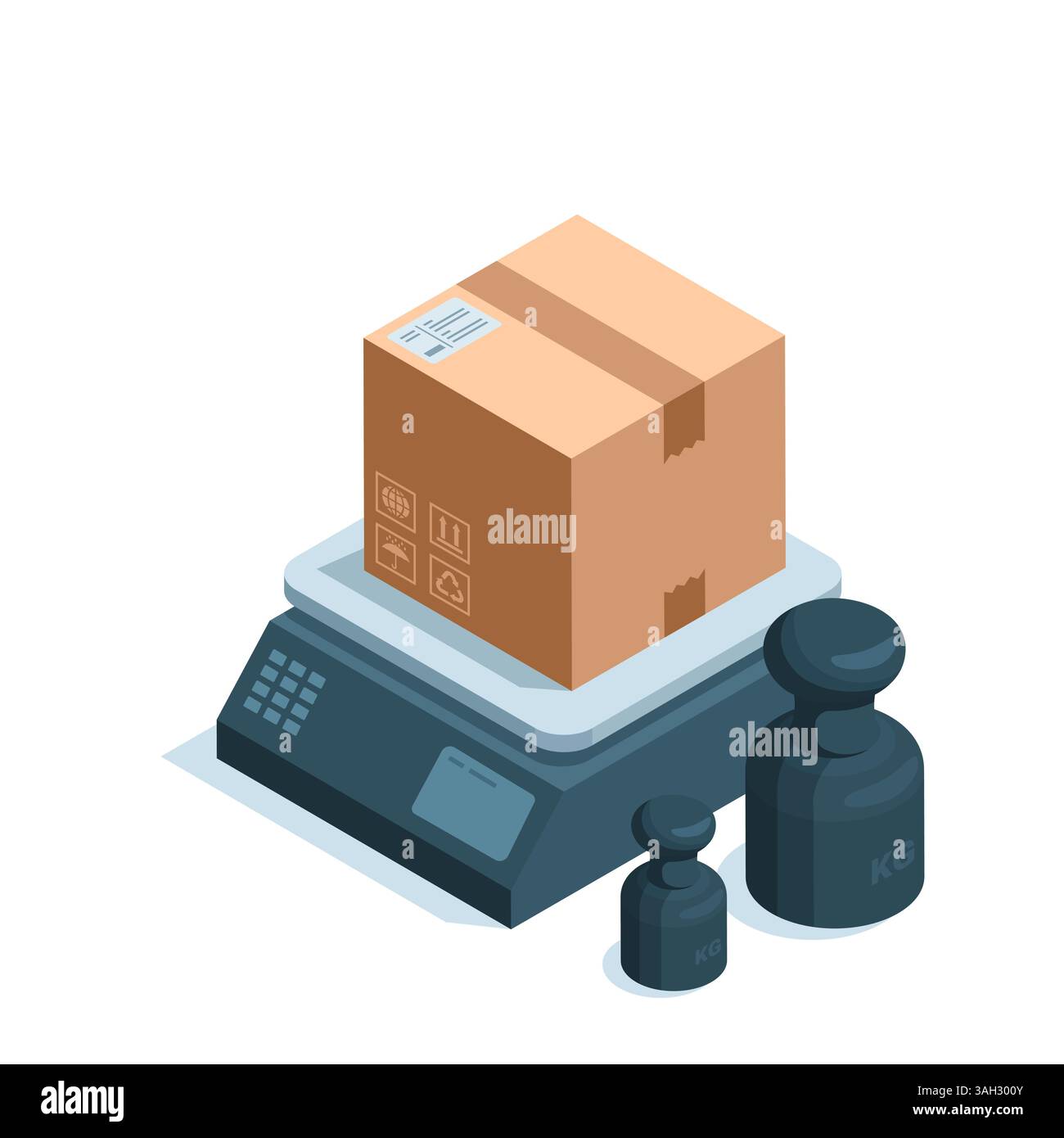 isometric box on electronic scales and weight, in color on a white ...