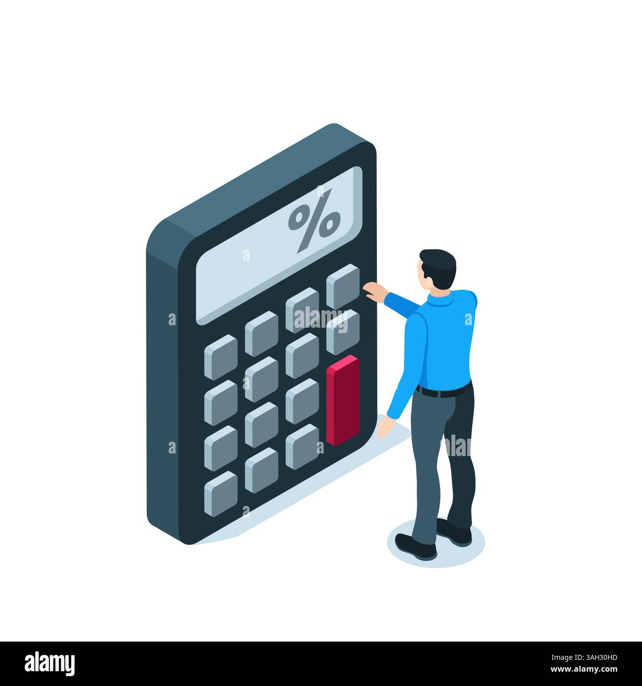 isometric man and calculator, in color on a white background, counting ...