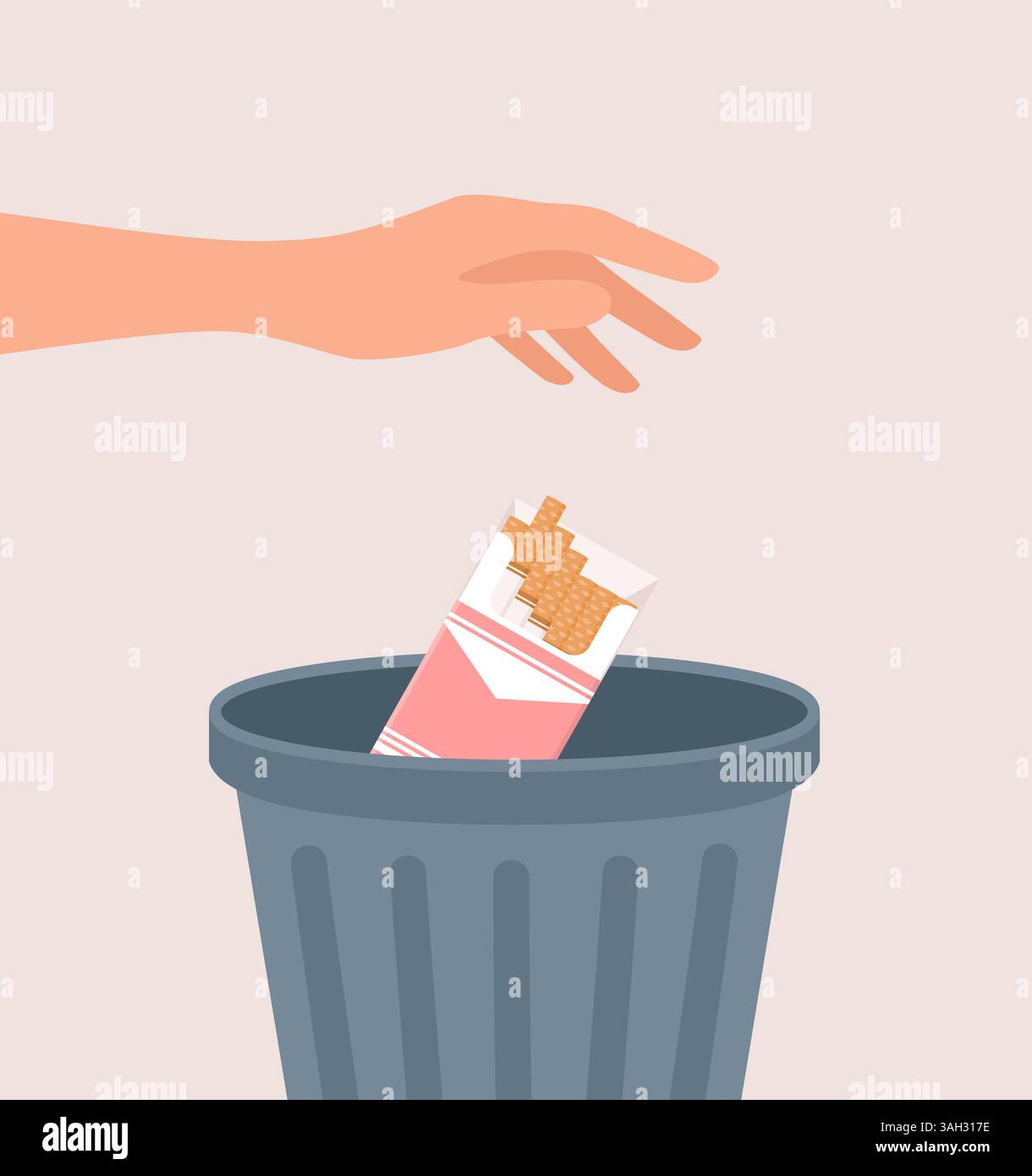 Hand throwing pack of cigarettes into the trash can. Flat vector ...