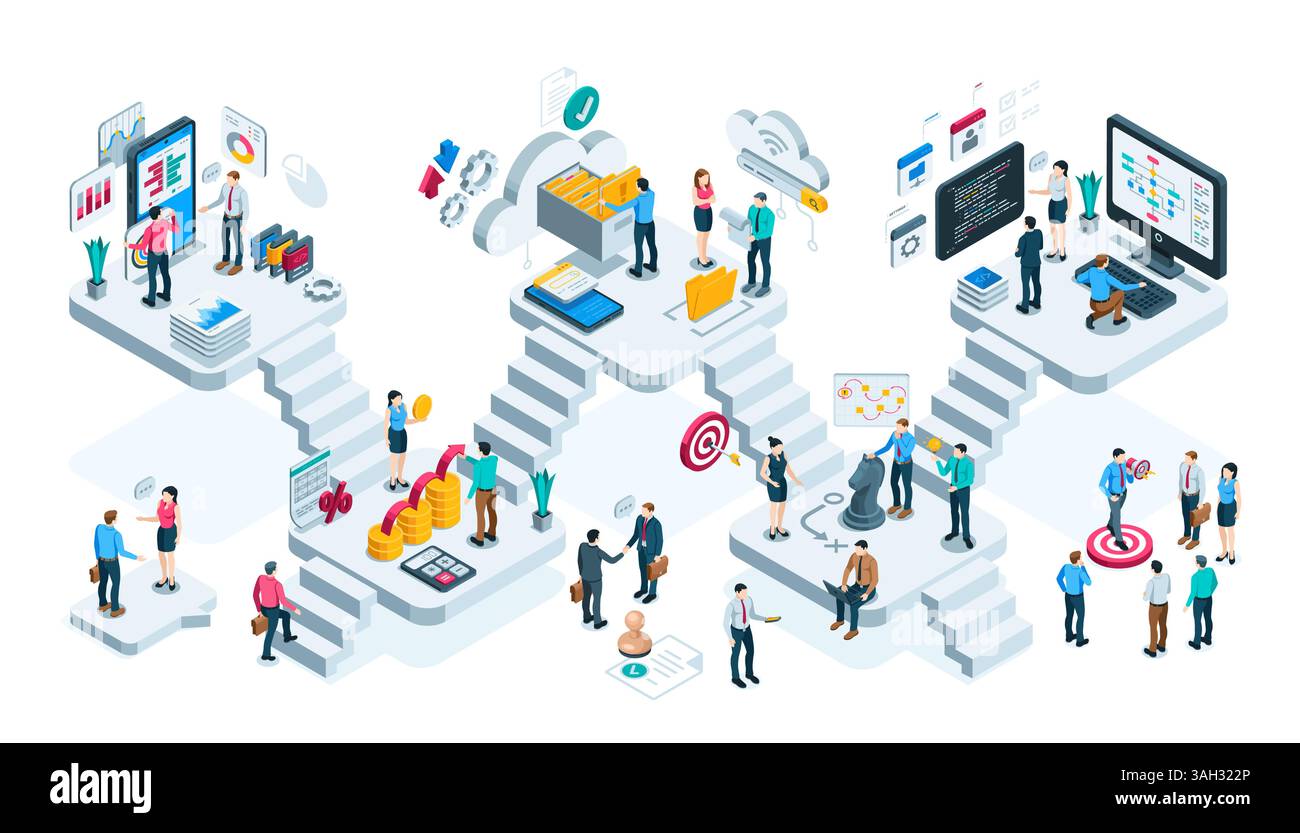 isometric virtual office with business people working in a team, in ...