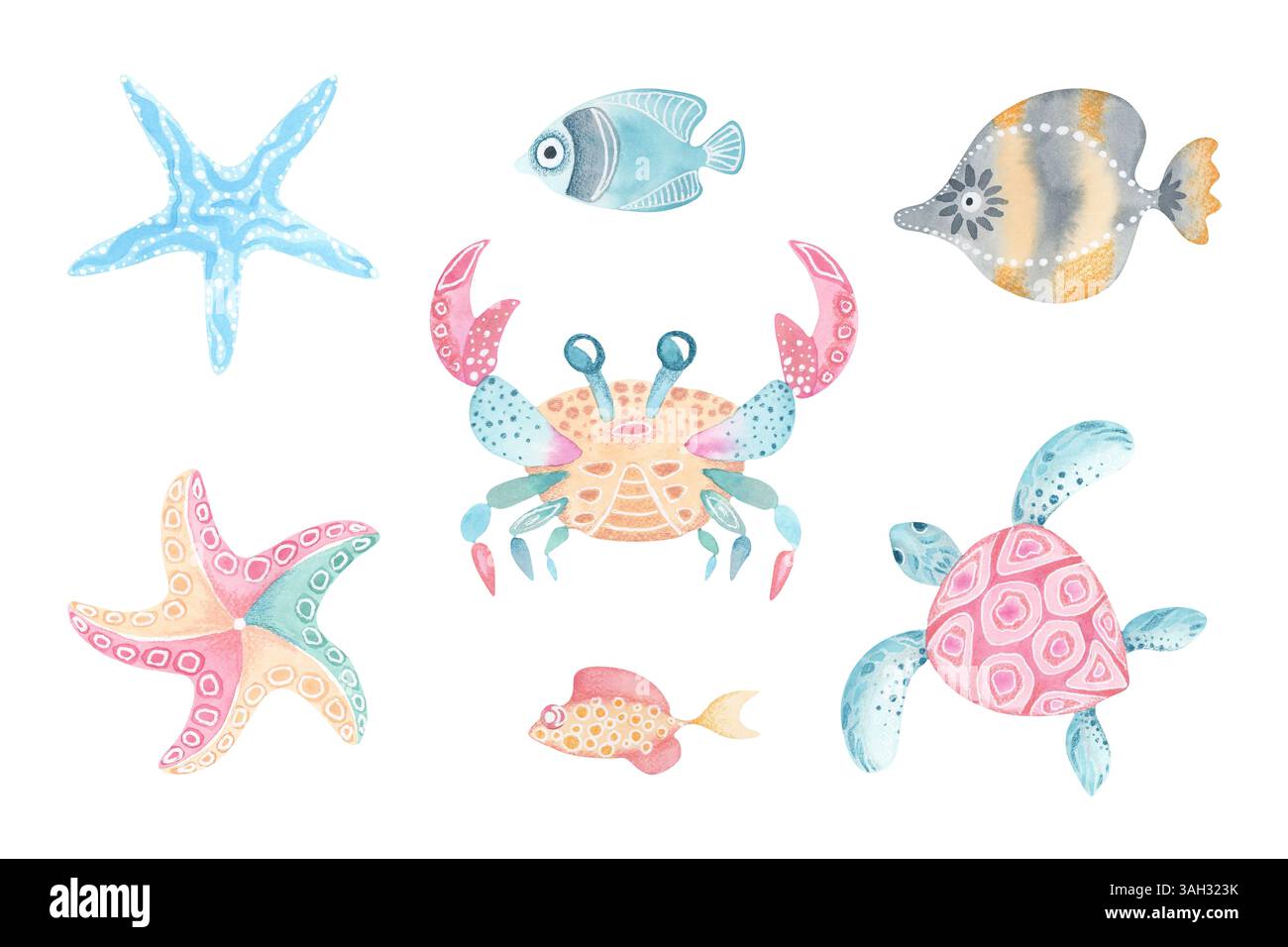 Sea animals watercolor illustrations set. Ocean creatures with pencil ...