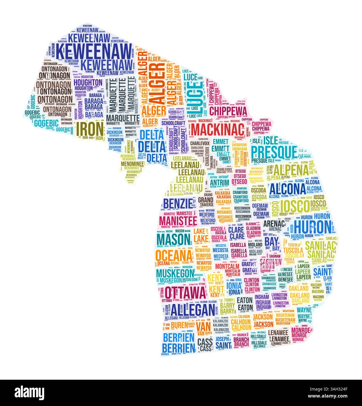 Michigan county word cloud. State shape design. Michigan colored ...