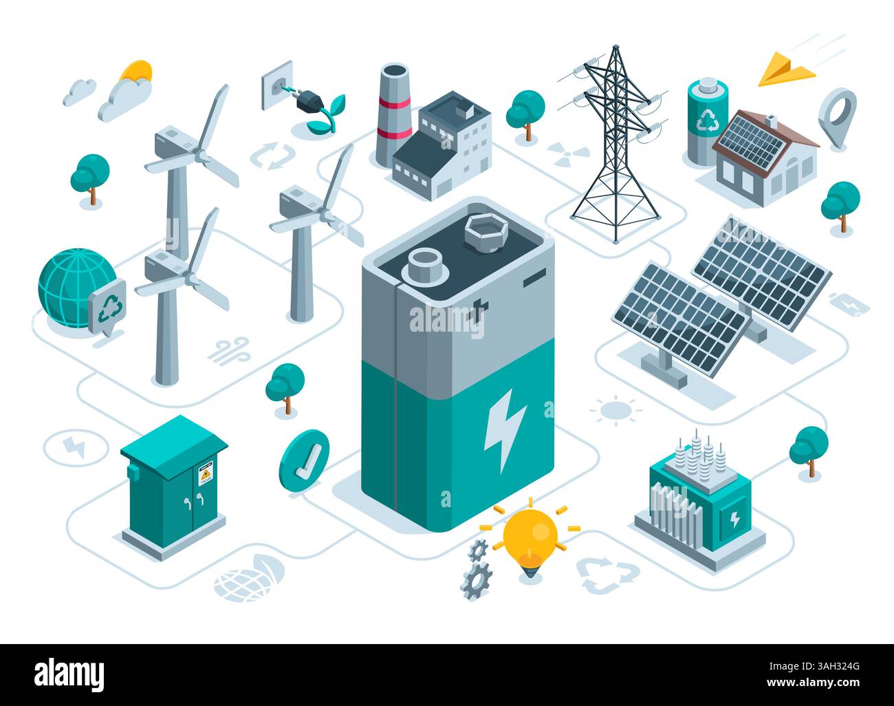 isometric concept on the topic of clean energy from the sun and wind in ...