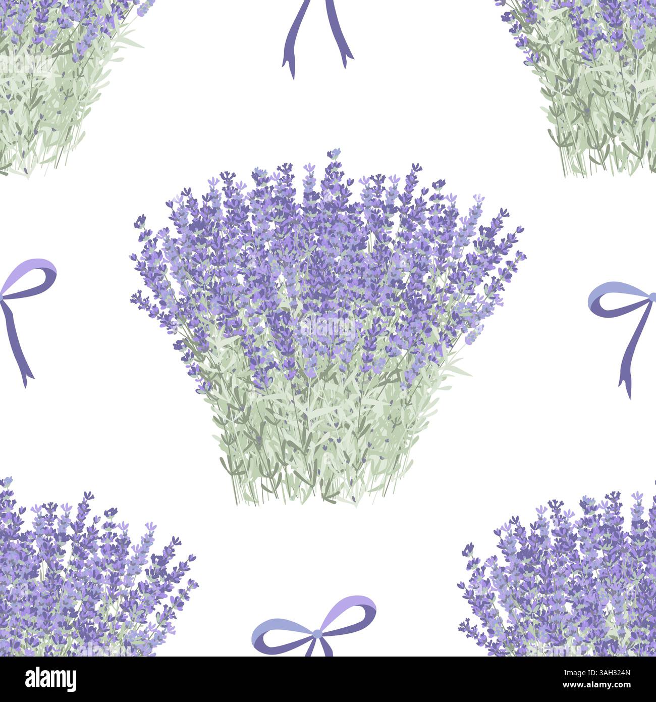 Cute seamless pattern with blue bows and lavender flowers bunches ...