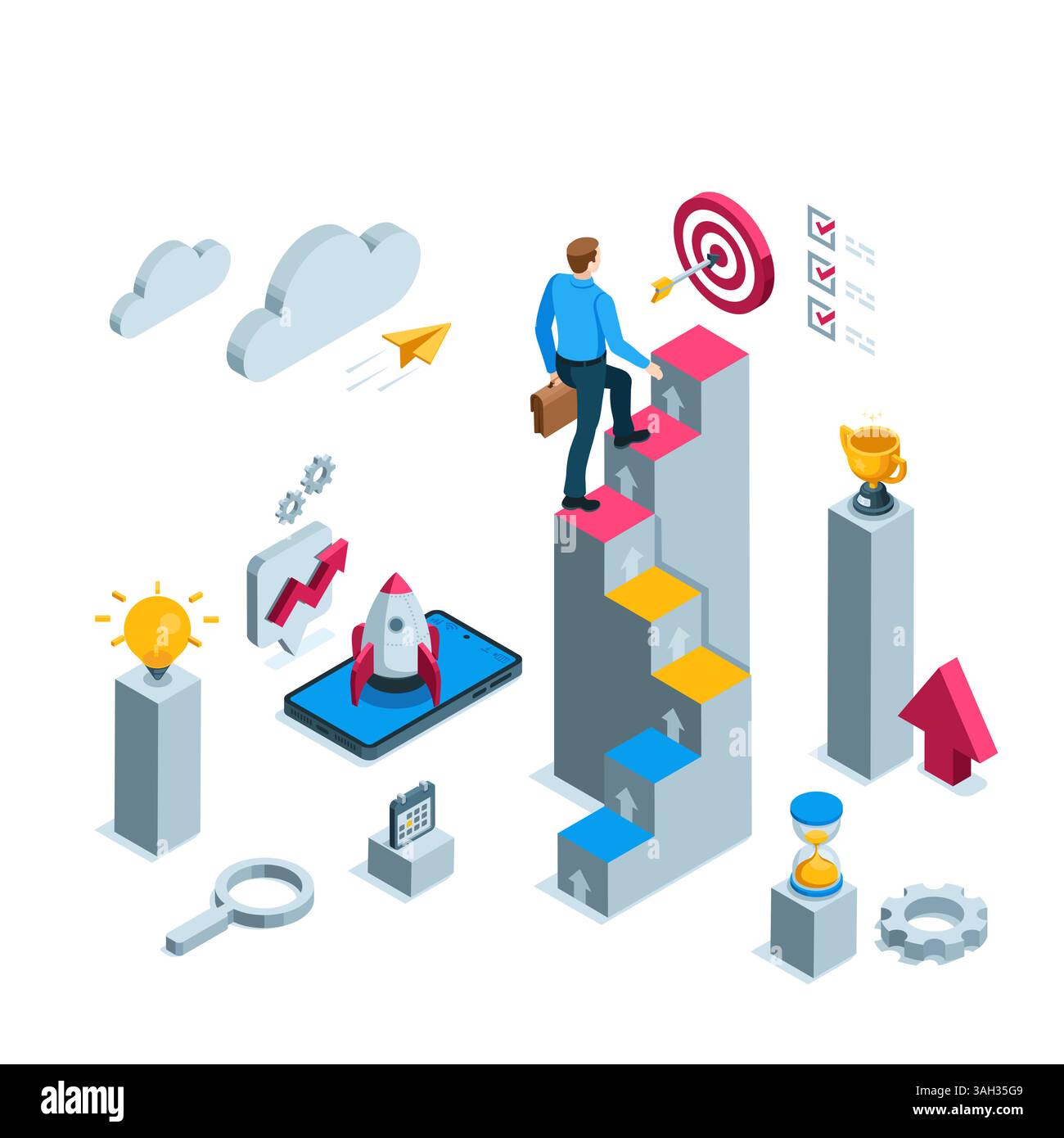 isometric man walks to the steps on top of which a target icons with an ...