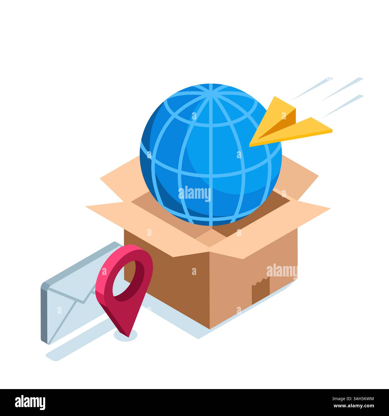 isometric concept in the form of an open box and a globe with a ...