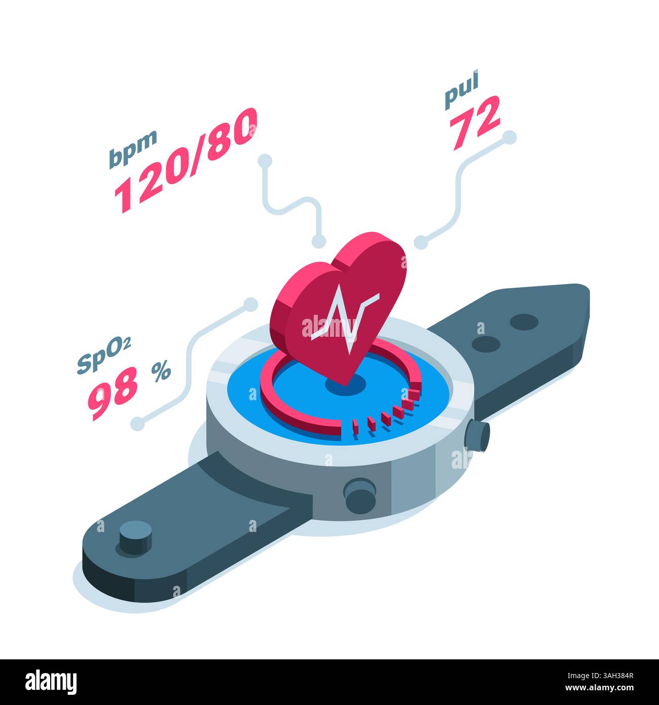 isometric smart watch with heart showing heart rate in color on white ...