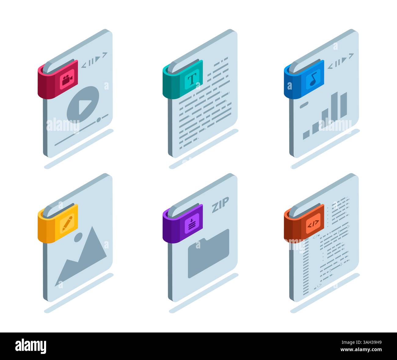 Isometric Set Of Icons Of Files Of Different Formats In Color On A White Background Images And