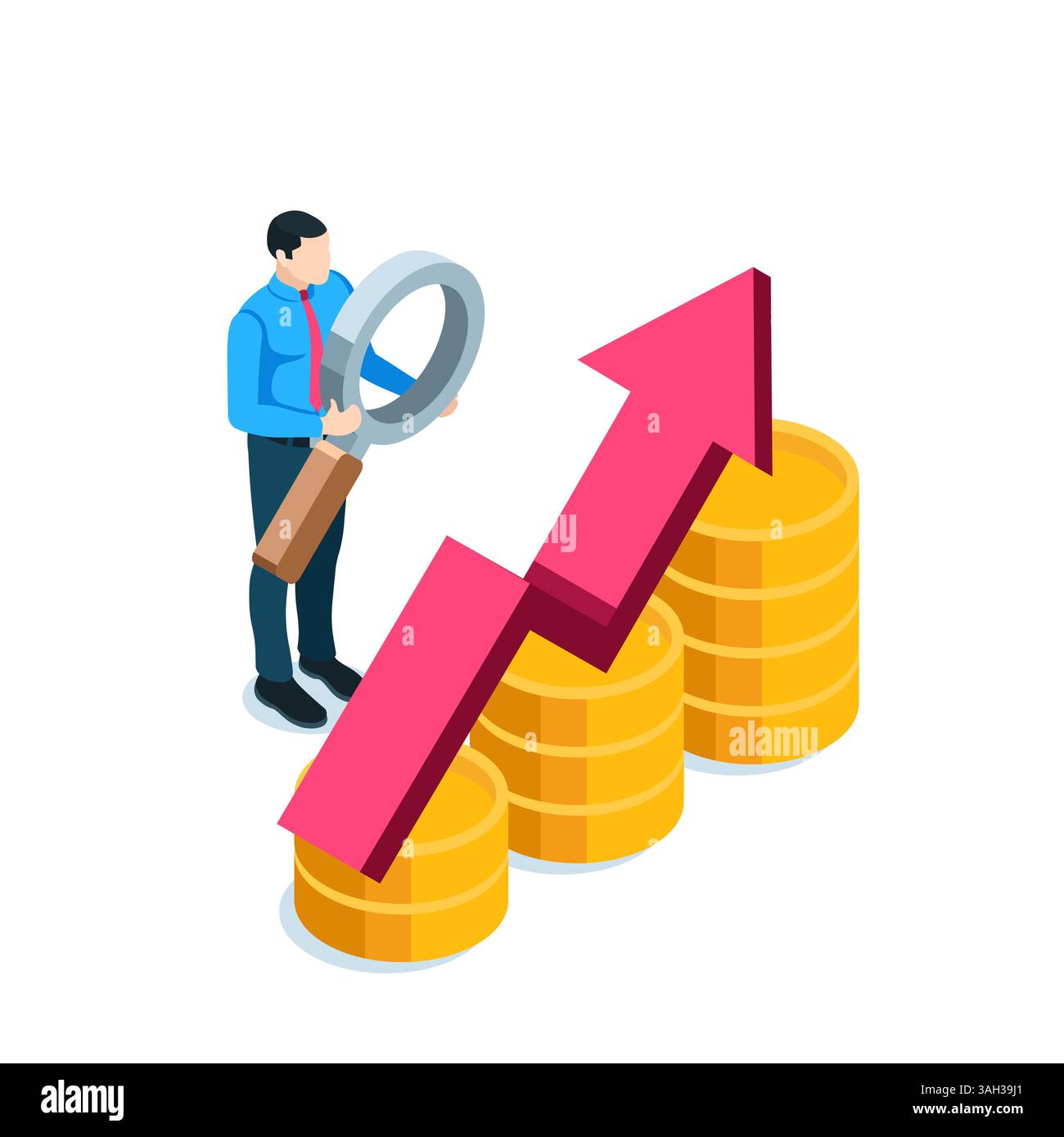isometric business man with a magnifying glass near a chart of coins ...
