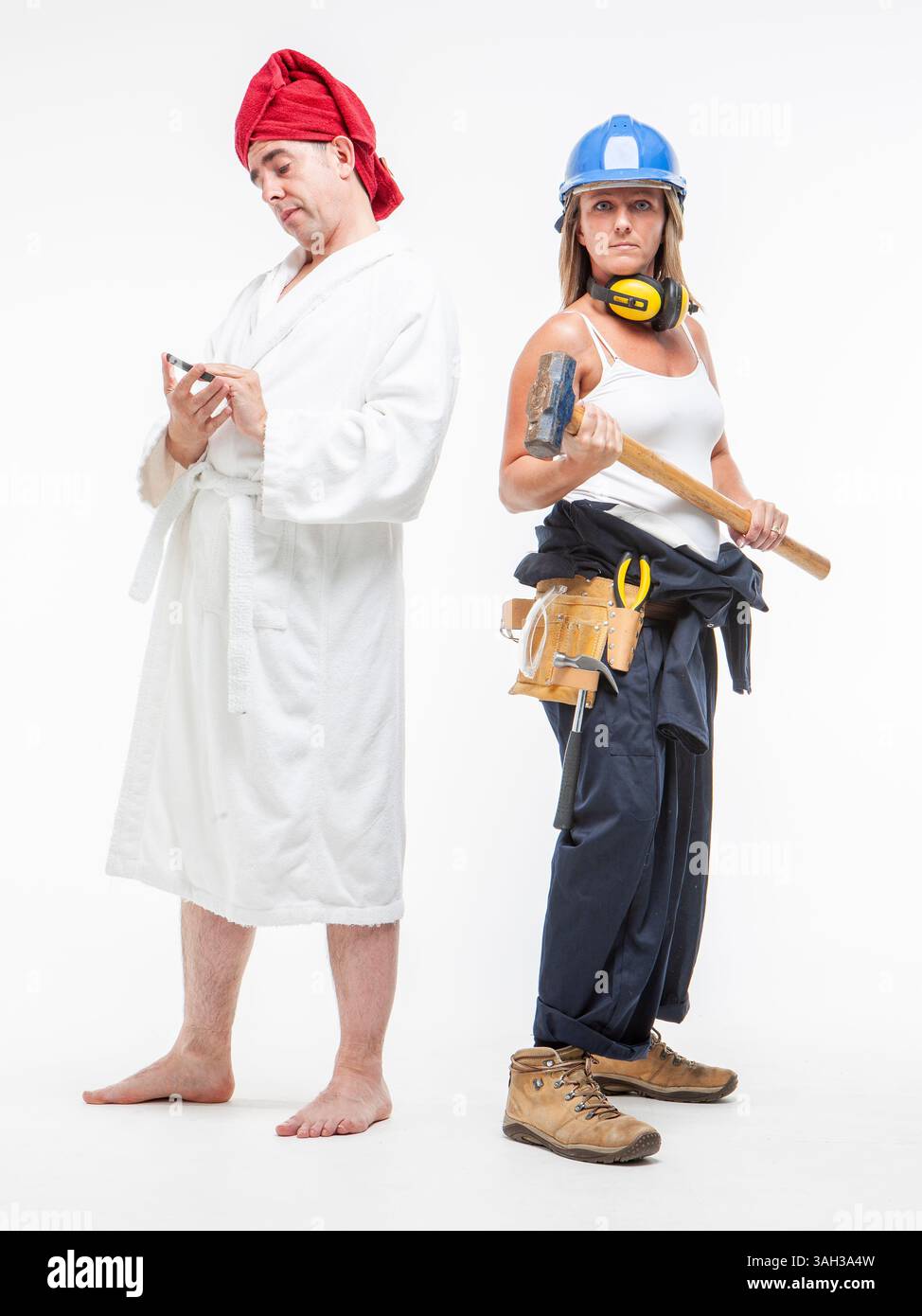 Full length portrait of a man enjoying a spa day contrasted by a female ...