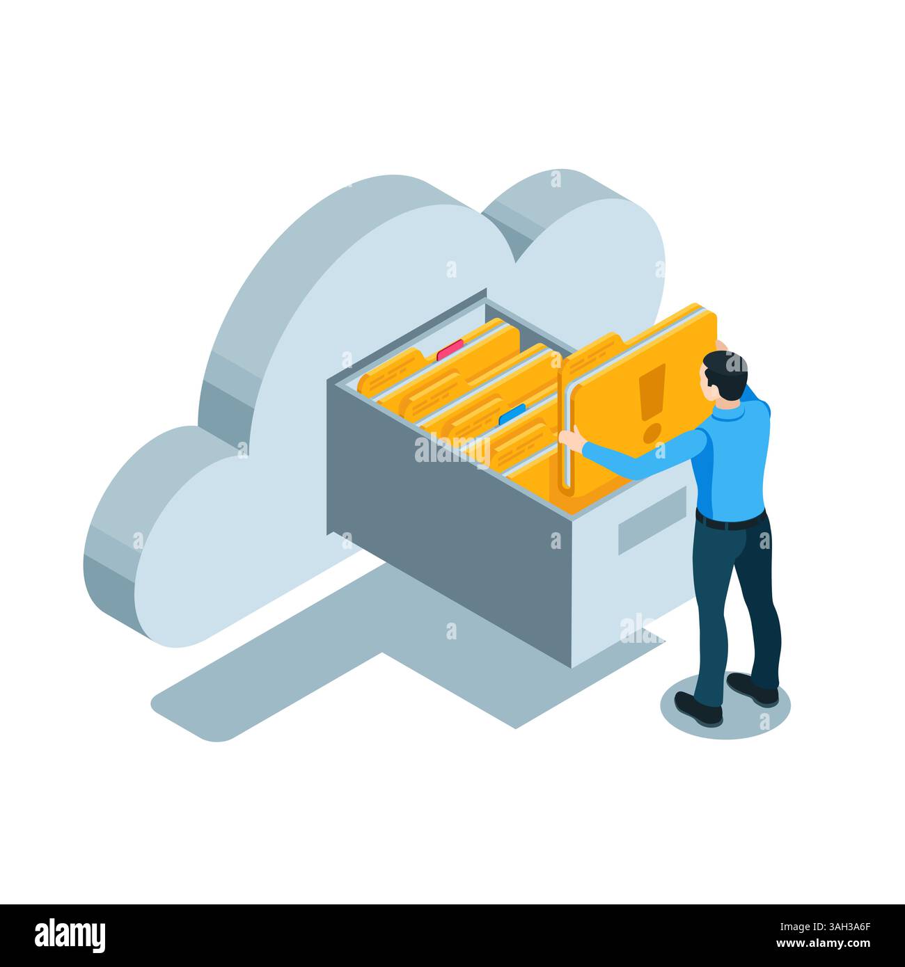 isometric business man takes a folder from the archive in the cloud in ...