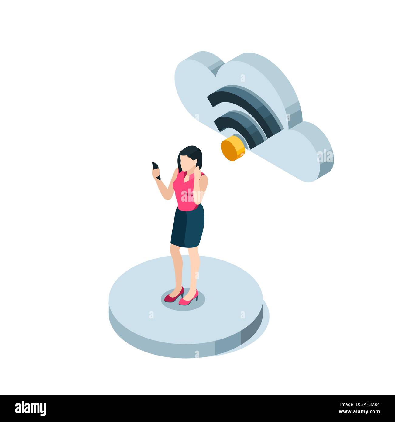 isometric woman with a smartphone stands under a cloud with a wireless ...