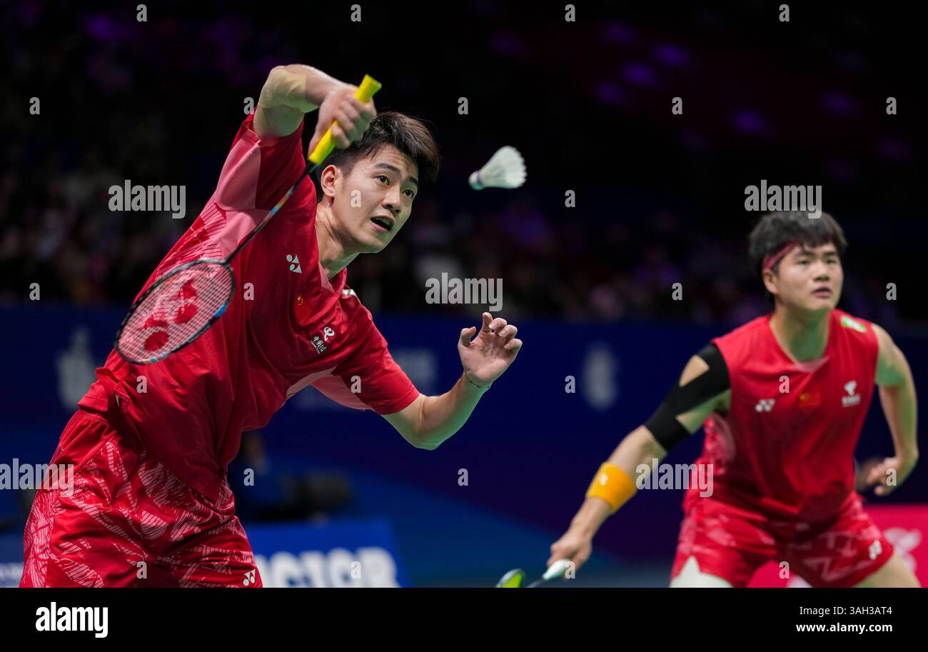 Ningbo, China's Zhejiang Province. 9th Apr, 2025. Liang Wei Keng/Wang Chang (L) of China compete ...