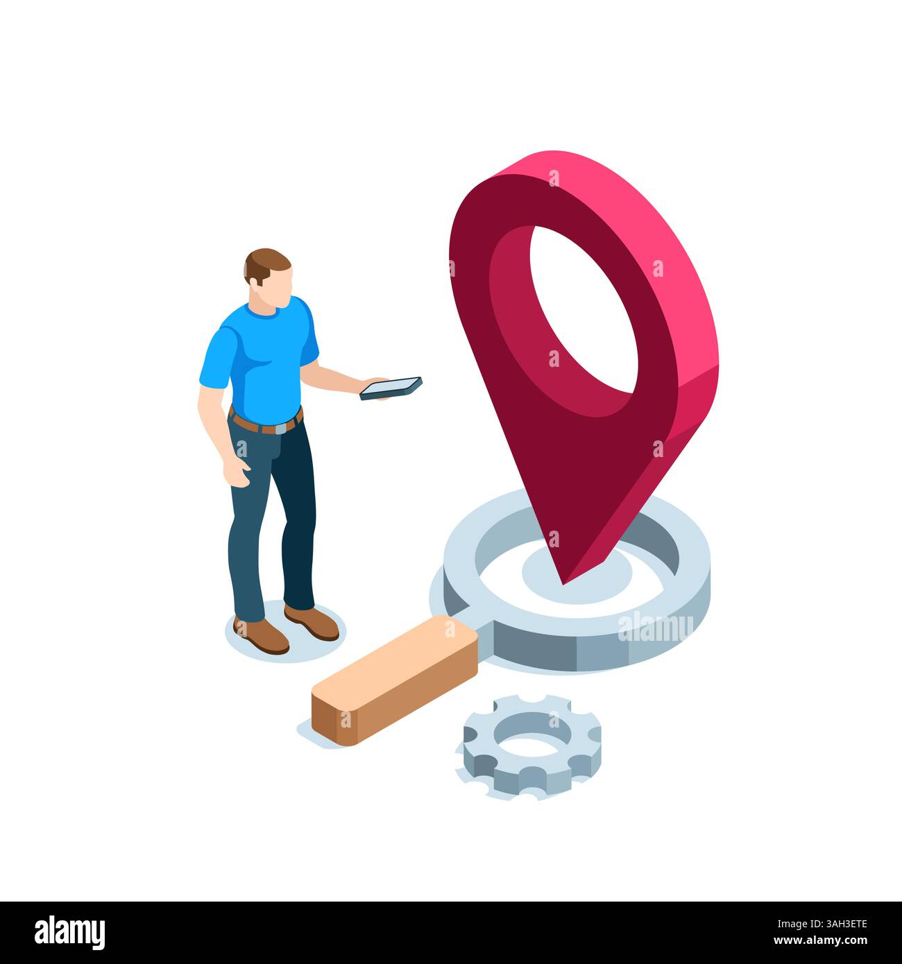 isometric magnifying glass and location icon and a man with a ...