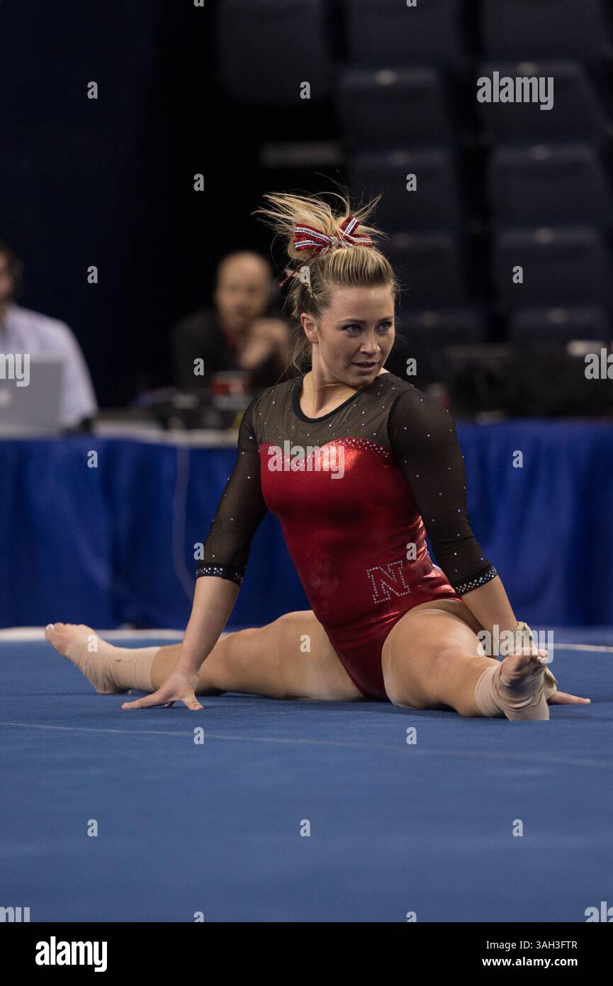 March 21, 2015 - University of Nebraska gymnast Desire' Stephens poses during her floor routine ...