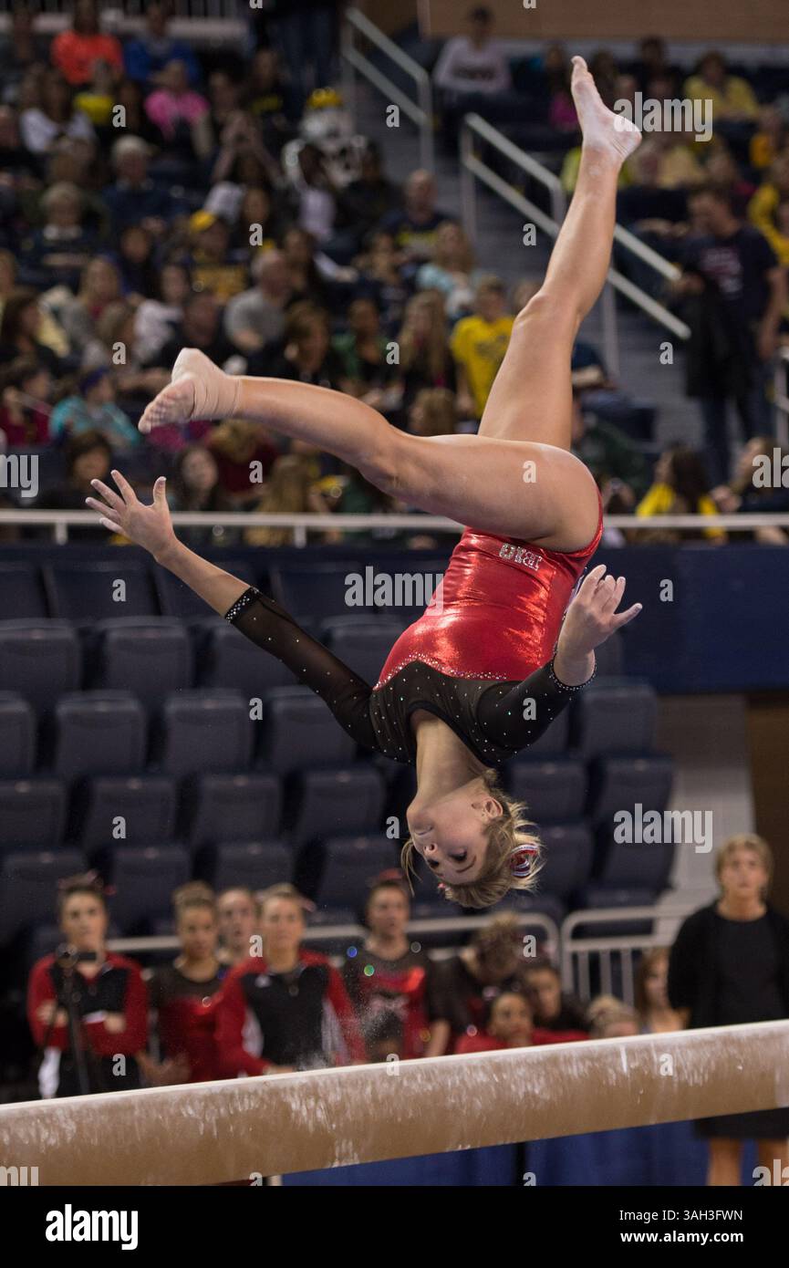 March 21, 2015 - Nebraska gymnast Jessie DeZiel flips on balance beam ...