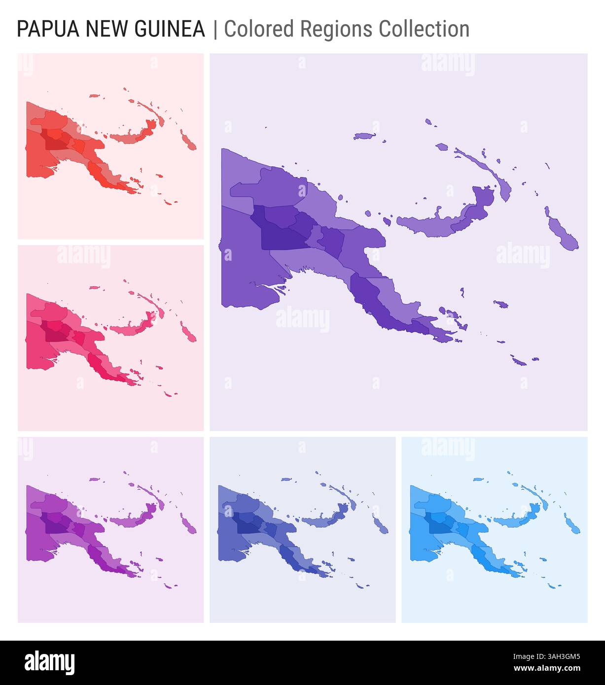 Papua New Guinea map collection. Country shape with colored regions. Deep Purple, Red, Pink ...