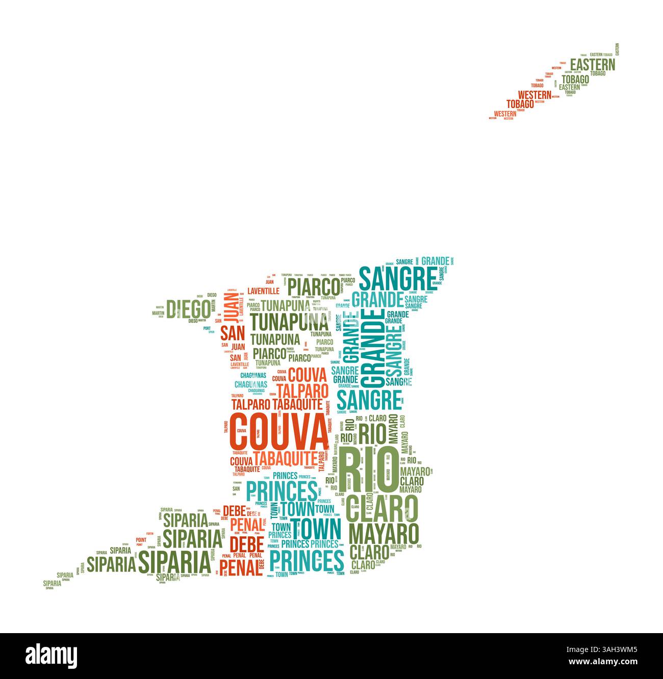 Trinidad and Tobago Word Cloud. Country shape with region division ...