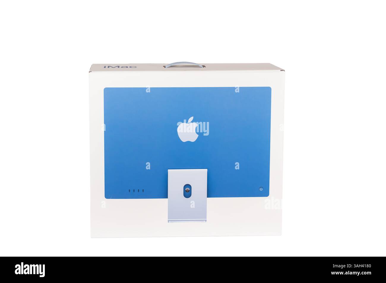 Germany Berlin April 7, 2025. A blue and white Apple computer monitor ...