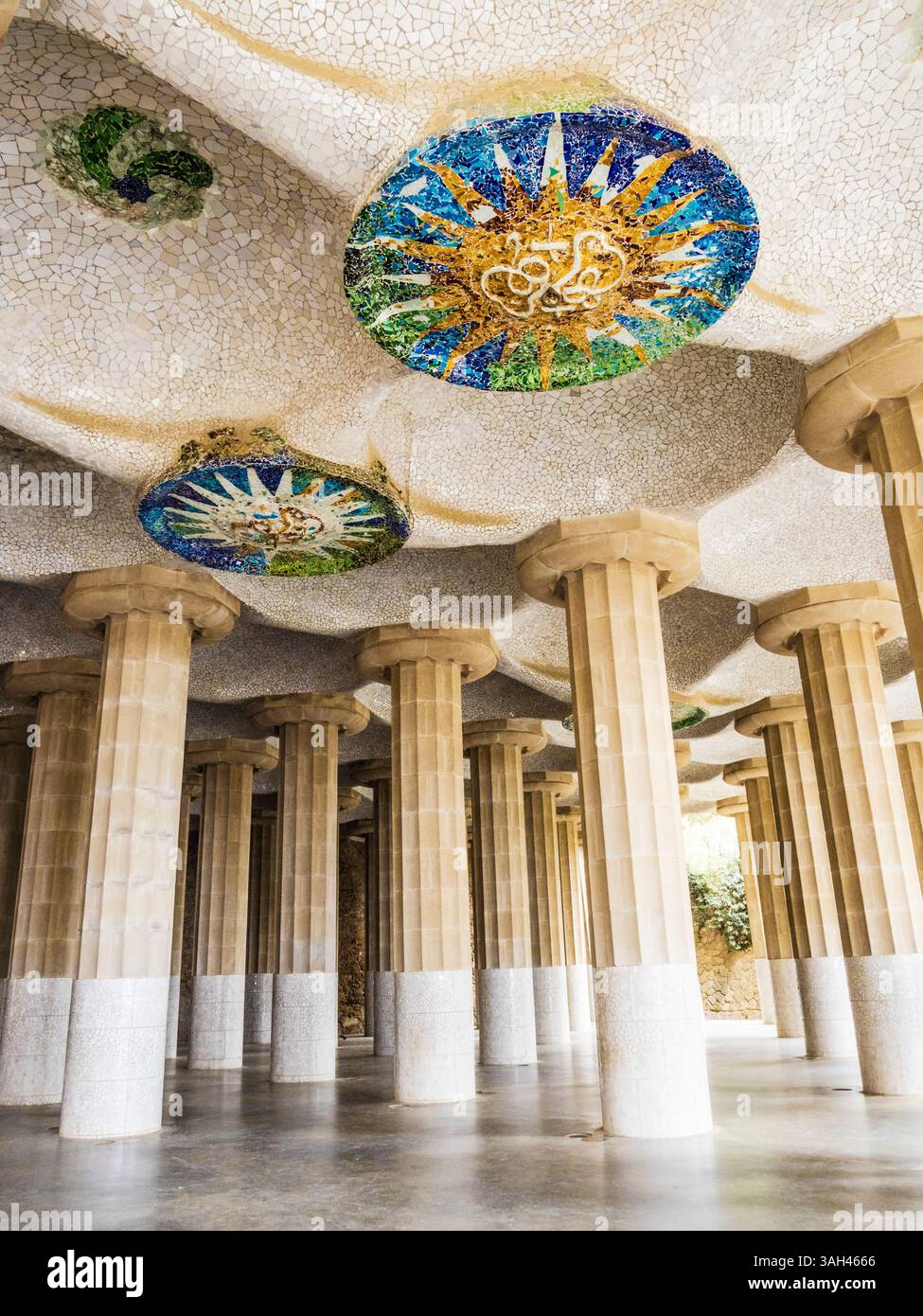 The hypostyle room or Sala Hipòstila in Parc Güell, Barcelona showing ...
