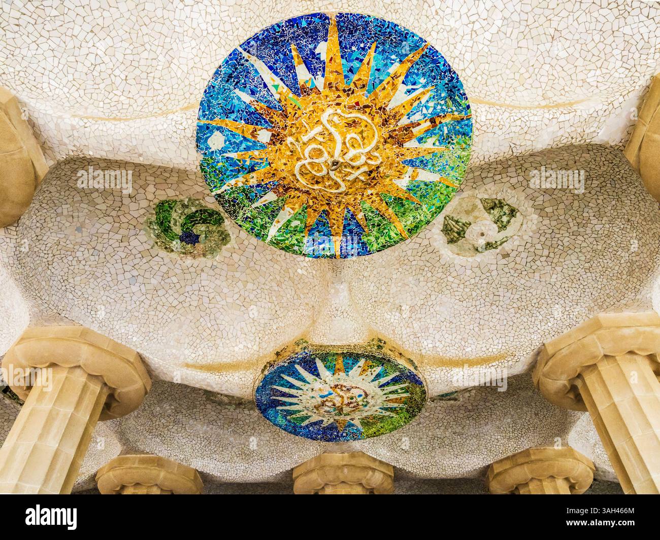 The hypostyle room or Sala Hipòstila in Parc Güell, Barcelona showing ...