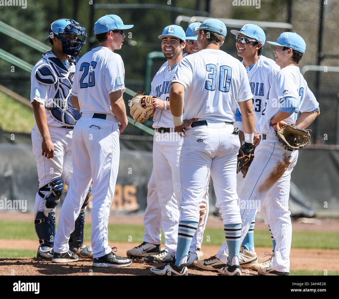 April 12, 2015 Time out on the mound for Columbia pitcher Kevin Roy #22 ...
