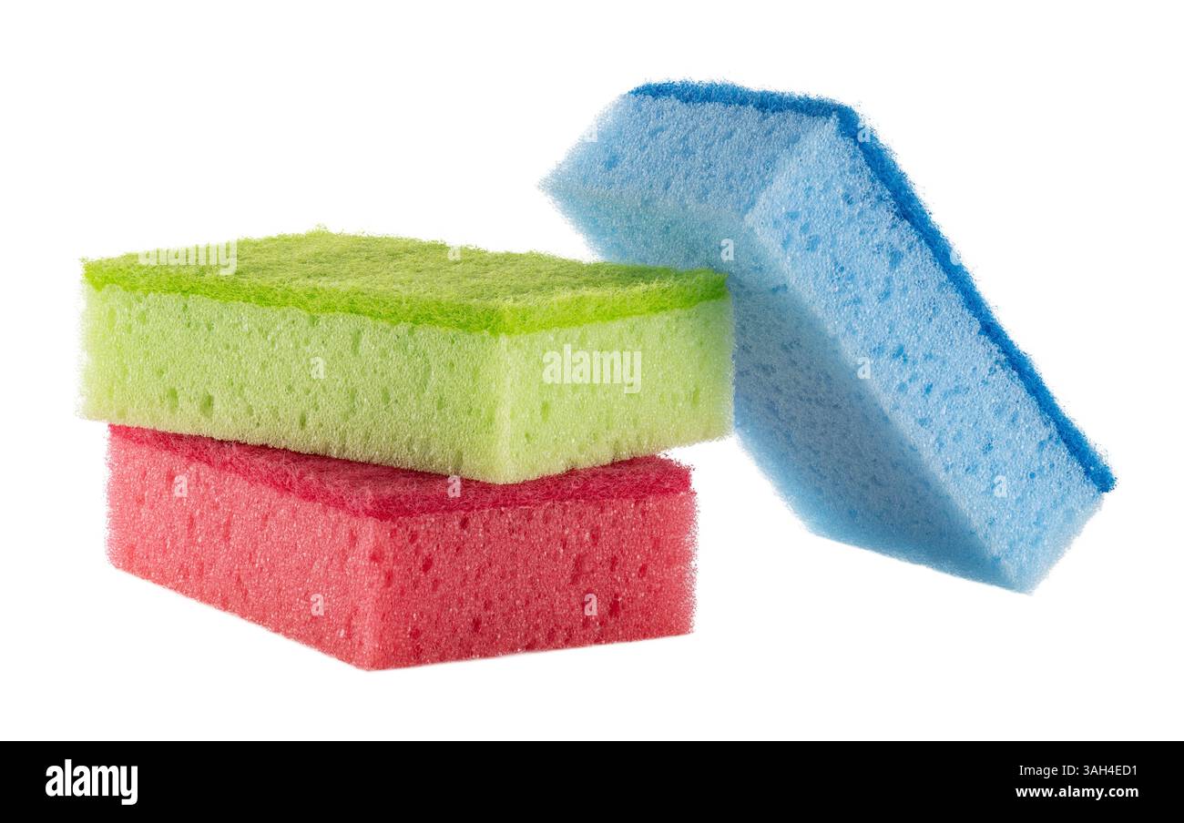 Three kitchen sponges in red, green and blue Stock Photo - Alamy