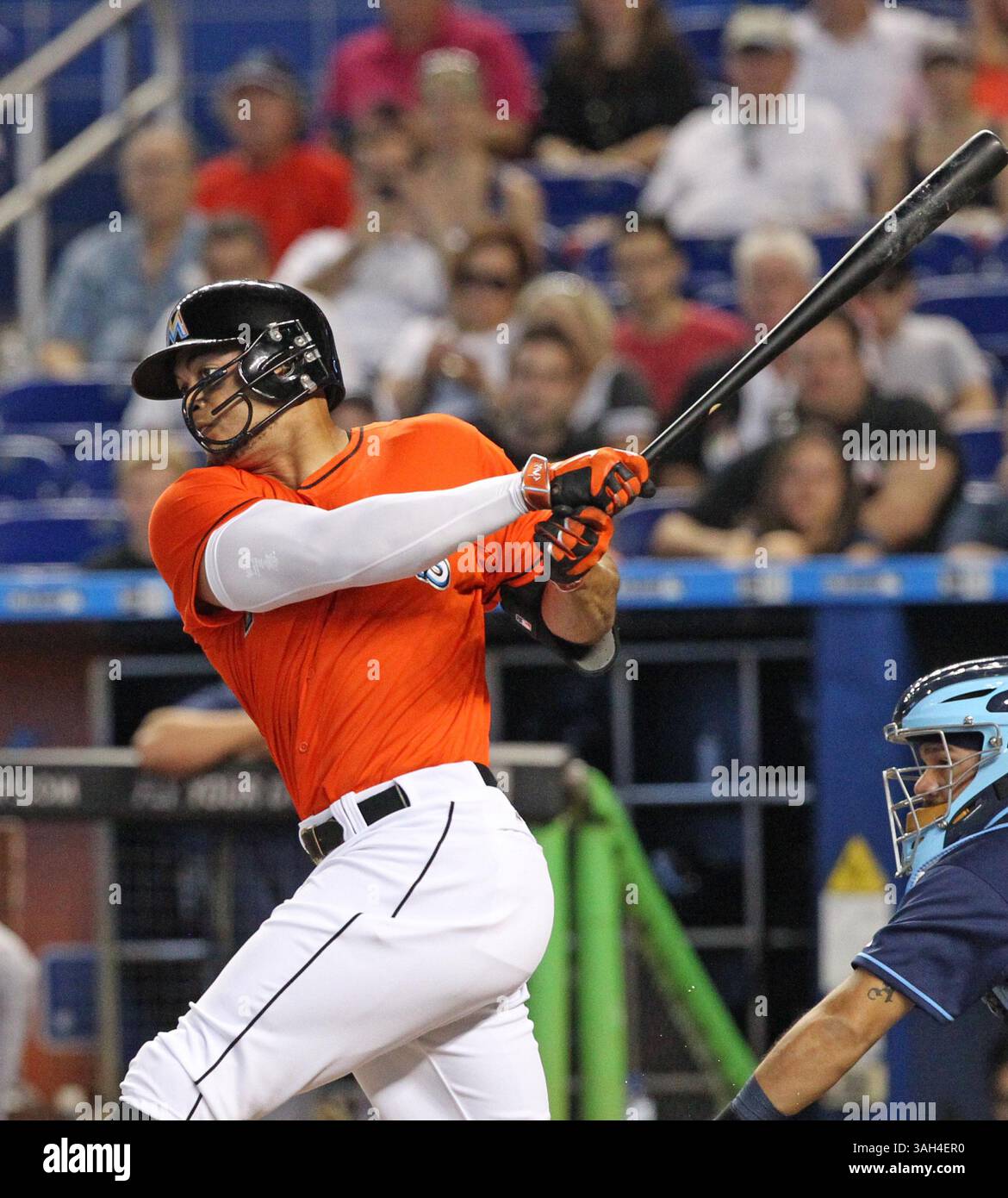 April 12, 2015 - Miami, FL, USA - Miami Marlins' Giancarlo Stanton bats ...