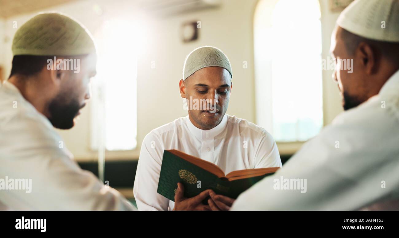 Islamic, men and Quran in mosque for teaching, reading and mindfulness ...