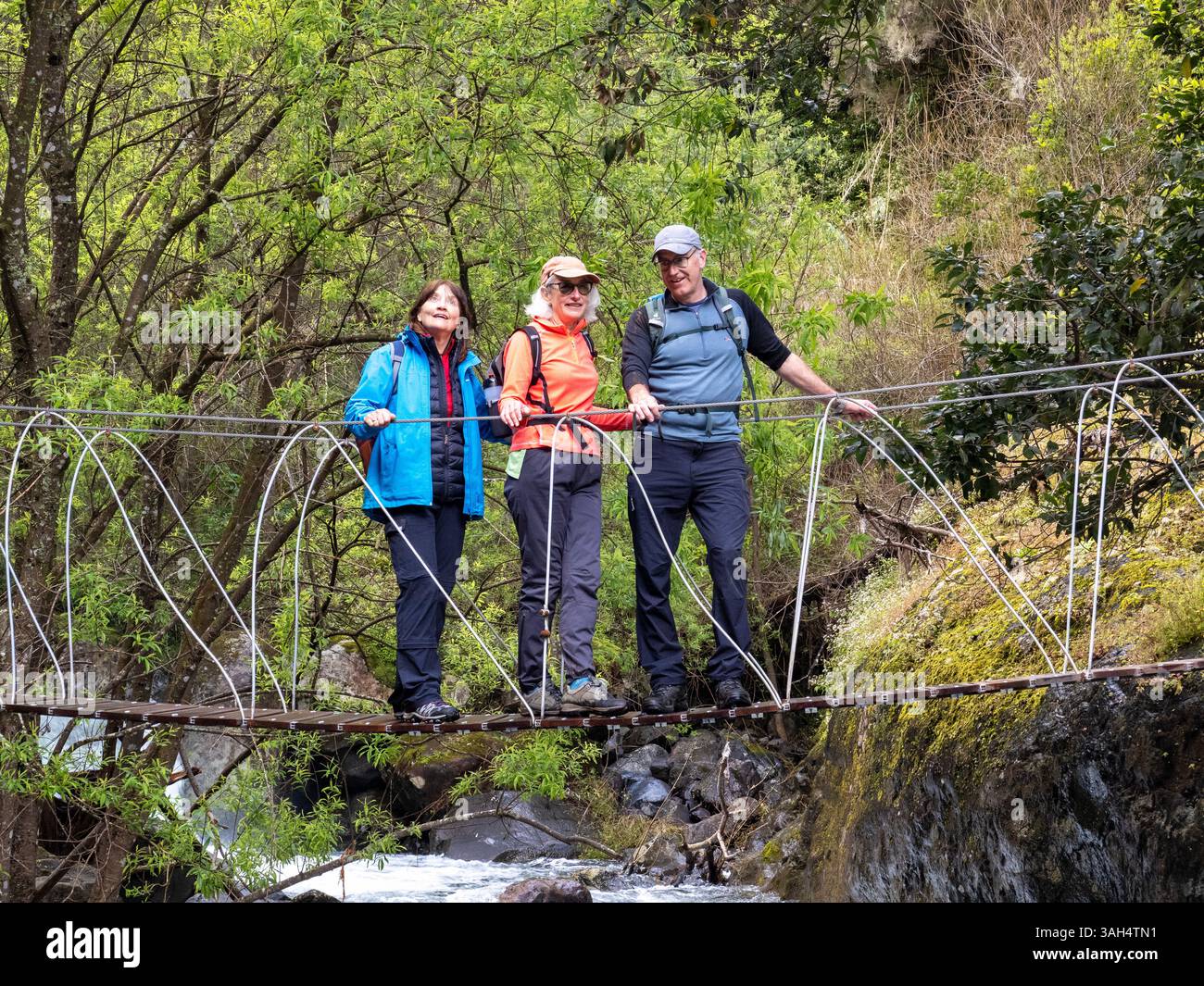 Walkers crossing a suspension bridge crossing the Sao Roque river gorge ...