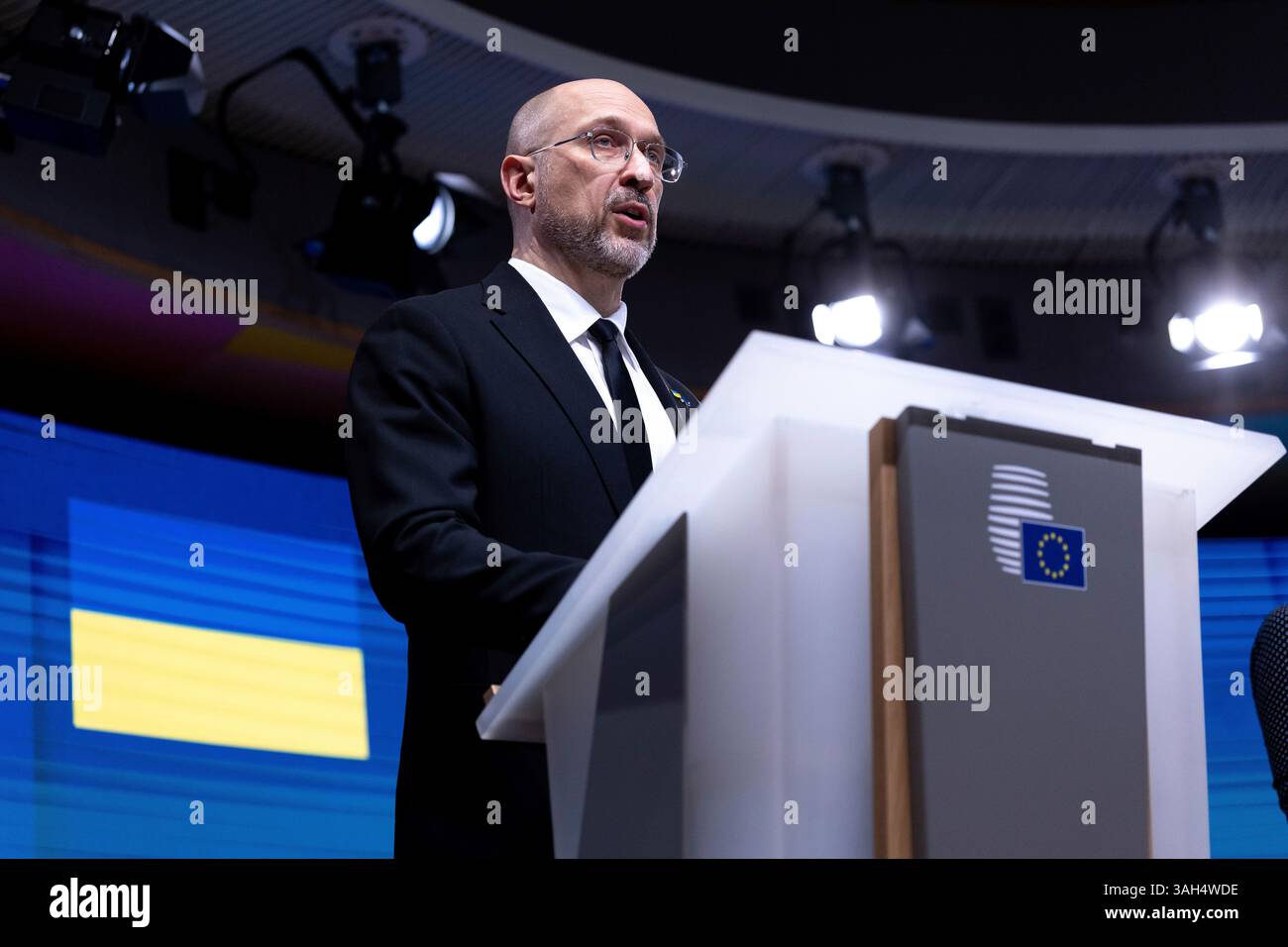 Ukraine's Prime Minister Denys Shmyhal speaks during a press conference ...