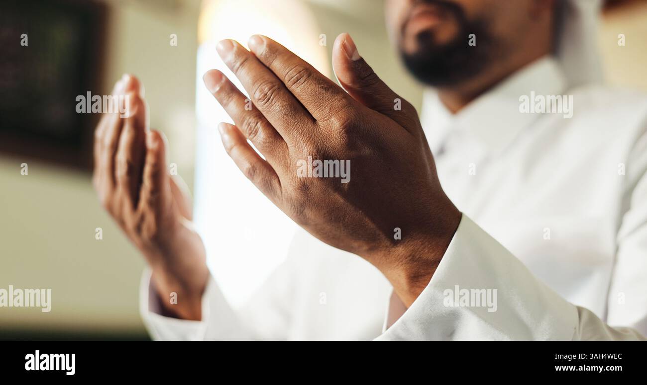 Muslim, religion and praying in mosque, hands and worship for Islamic ...