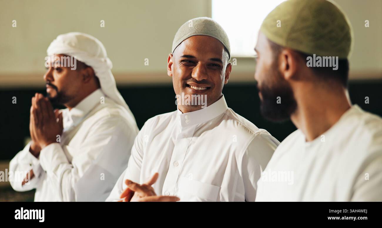Islamic, prayer and men with handshake in mosque for greeting, respect ...