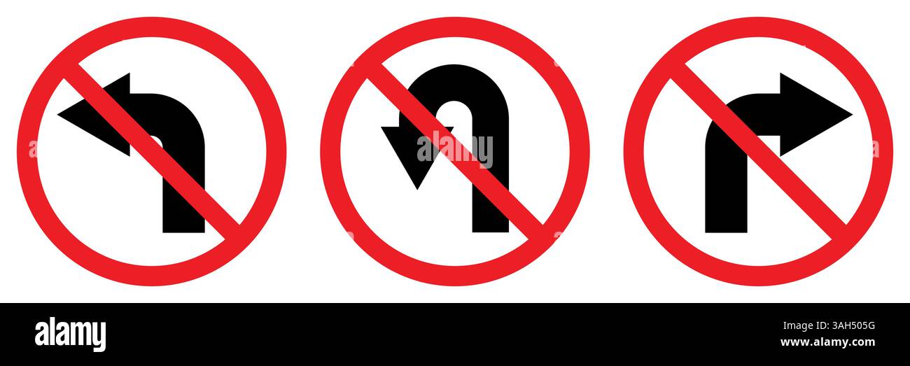 No left right and U turn sign symbol, prohibitory traffic sign, red crossed out circle symbol ...