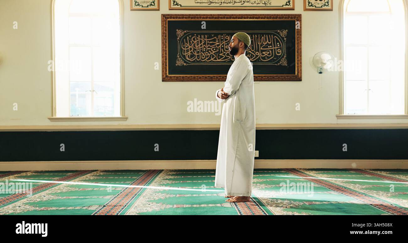 Islamic man, mosque and prayer for faith, worship Allah or holy ...