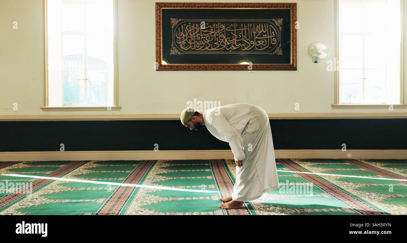Muslim man, bow and prayer for faith, worship Allah and holy religion ...