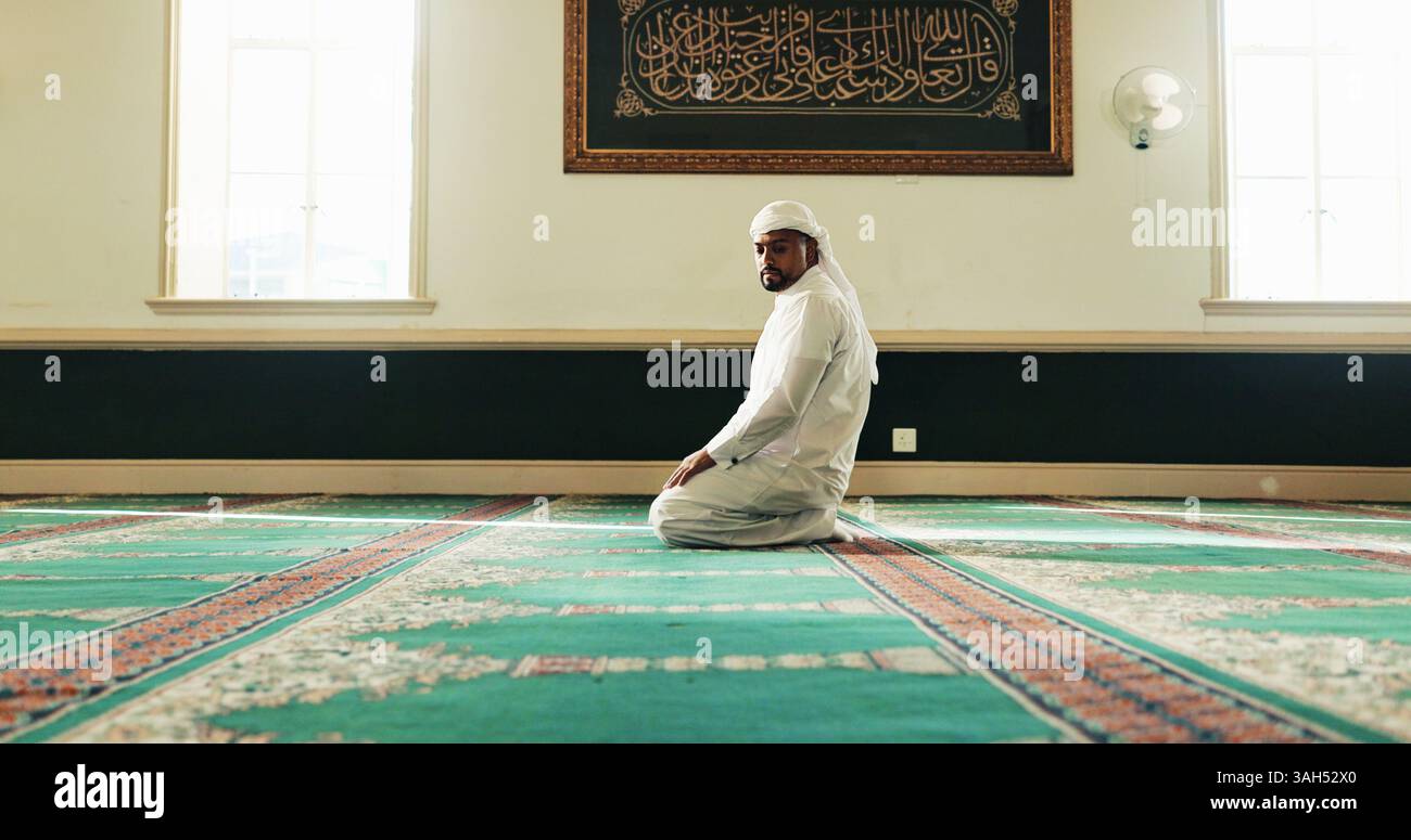 Muslim man, thinking and mosque for religion, worship Allah or prayer ...
