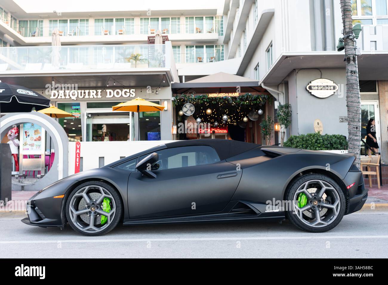 Miami, Florida, USA - December 19, 2024: 2021 Lamborghini Huracan EVO supercar sportscar ...