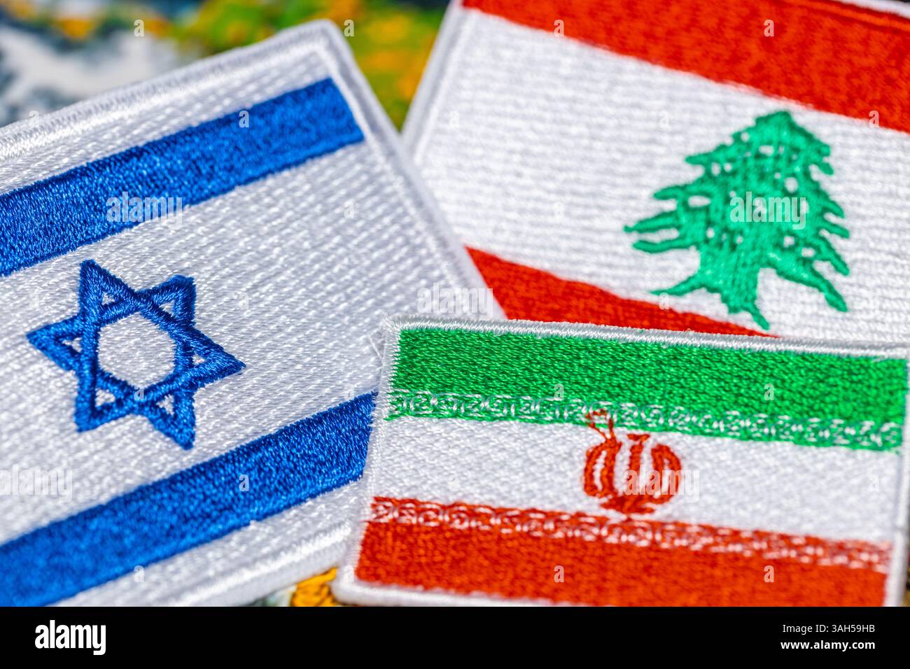 flags of Israel, Iran and Lebanon facing each other, Symbols of ...