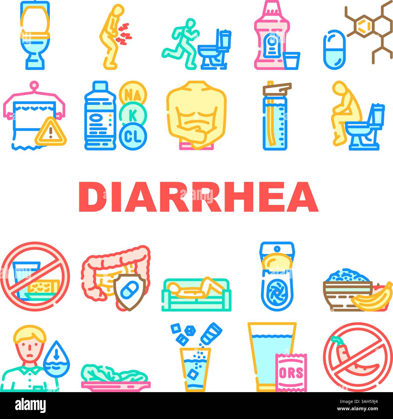 diarrhea causes symptom treatment icons set vector Stock Vector Image ...