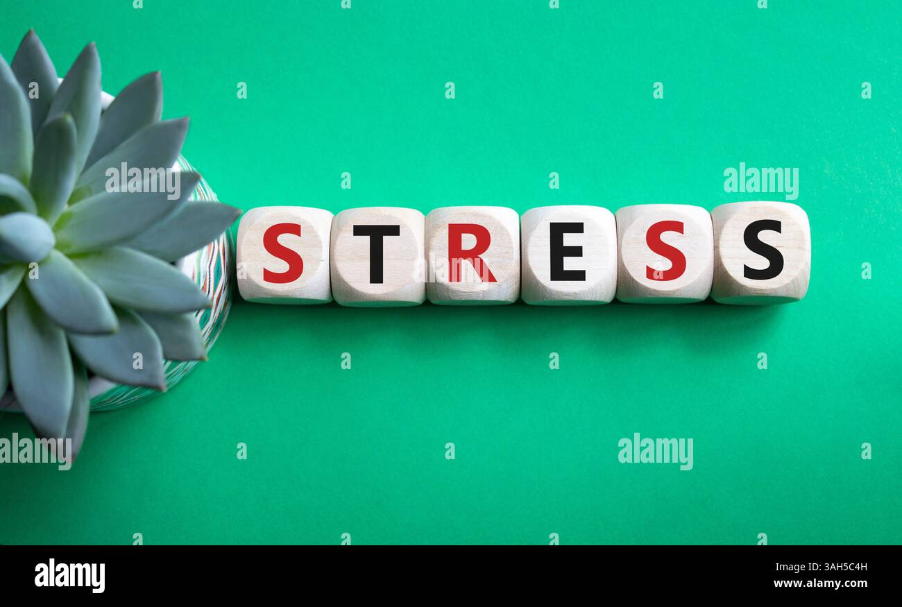 Stress symbol. Concept word Stress on wooden cubes. Beautiful green ...