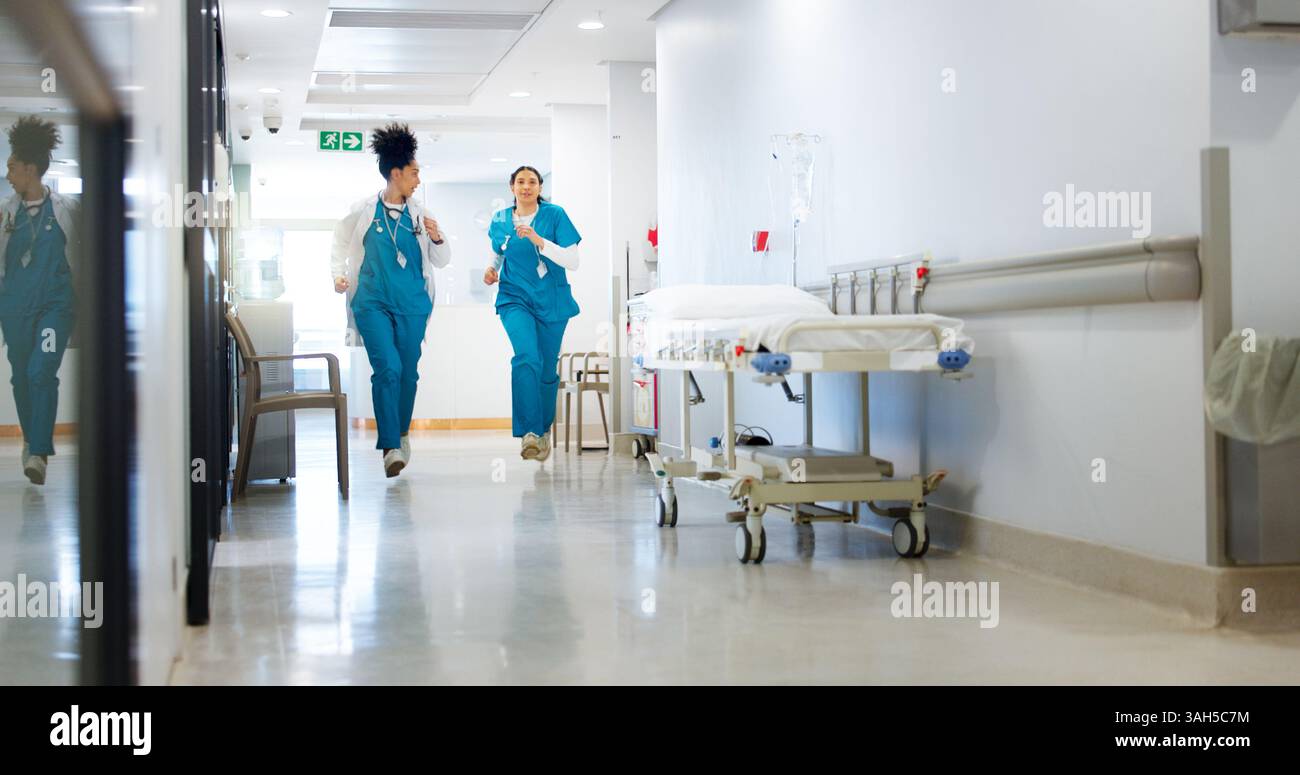 Doctor, nurse and running for hospital emergency with urgent healthcare ...