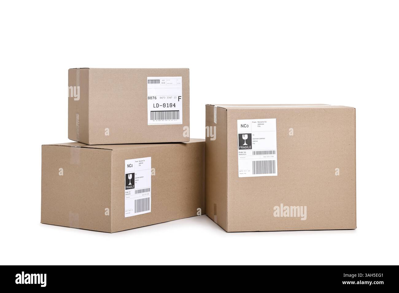 Cardboard parcel boxes with shipping labels on white background Stock ...