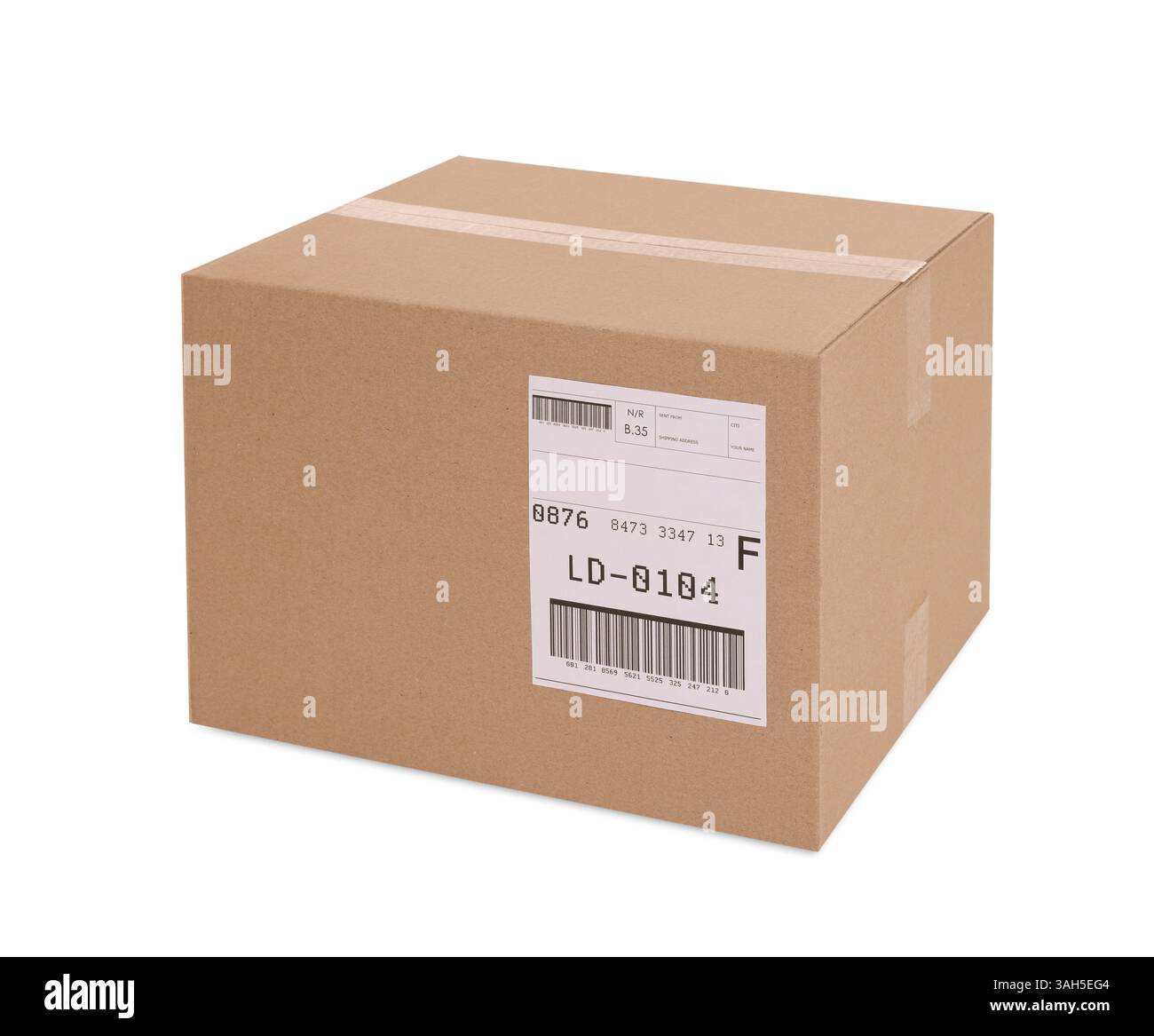 One parcel with shipment label isolated on white Stock Photo - Alamy