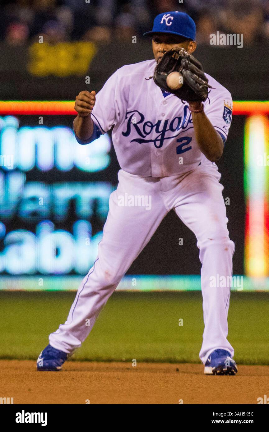 June 03, 2015: Alcides Escobar #2 of the Kansas City Royals catches an ...