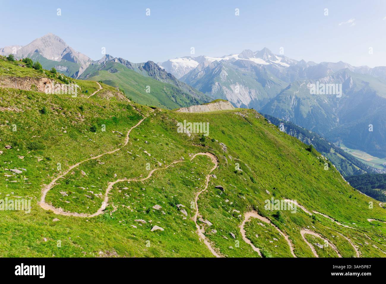 Scenic aerial panoramic view curvy winding serpentine dirt path road ...
