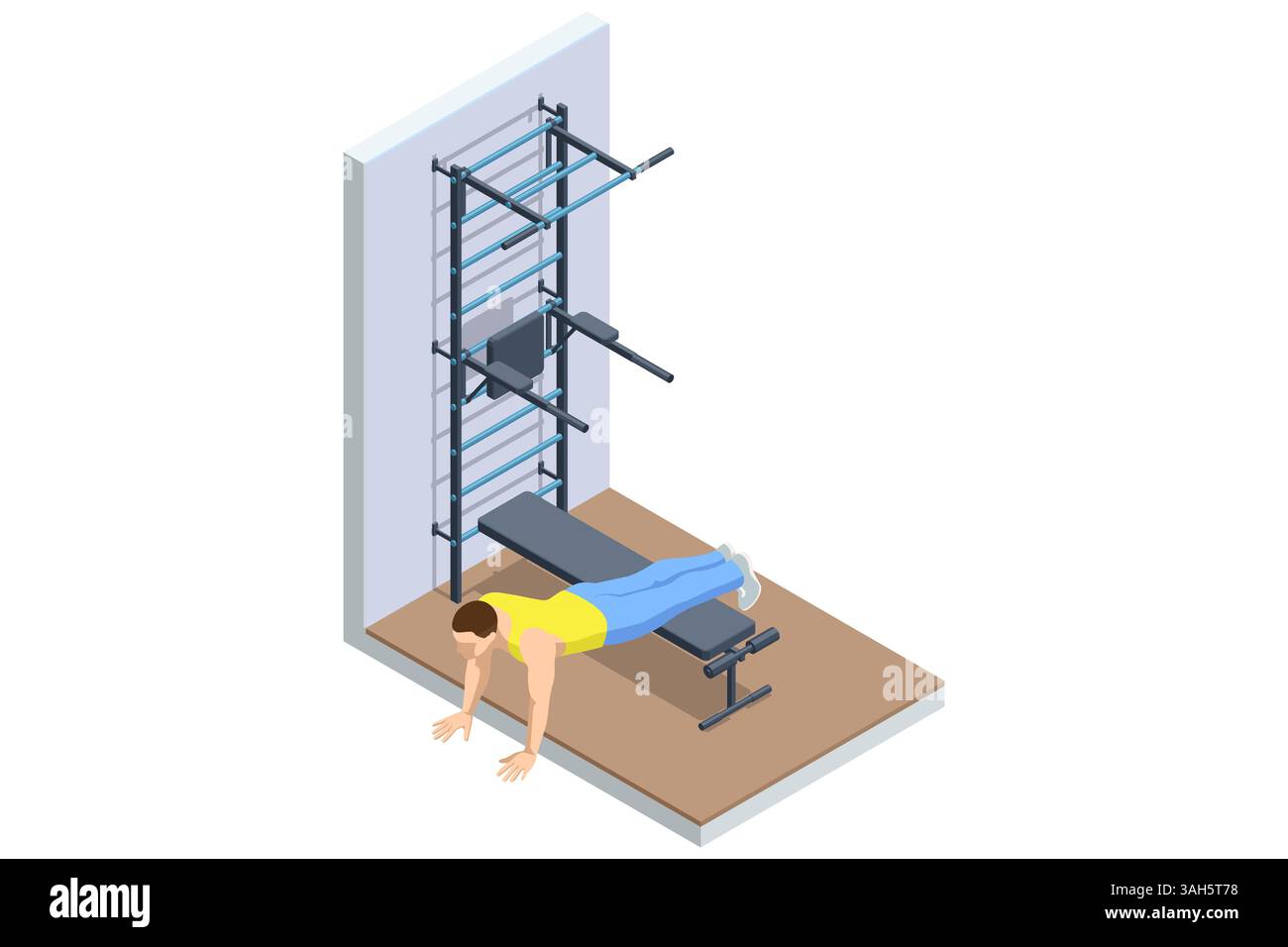 Push-ups. Isometric vector of a man performing push-ups using bench ...