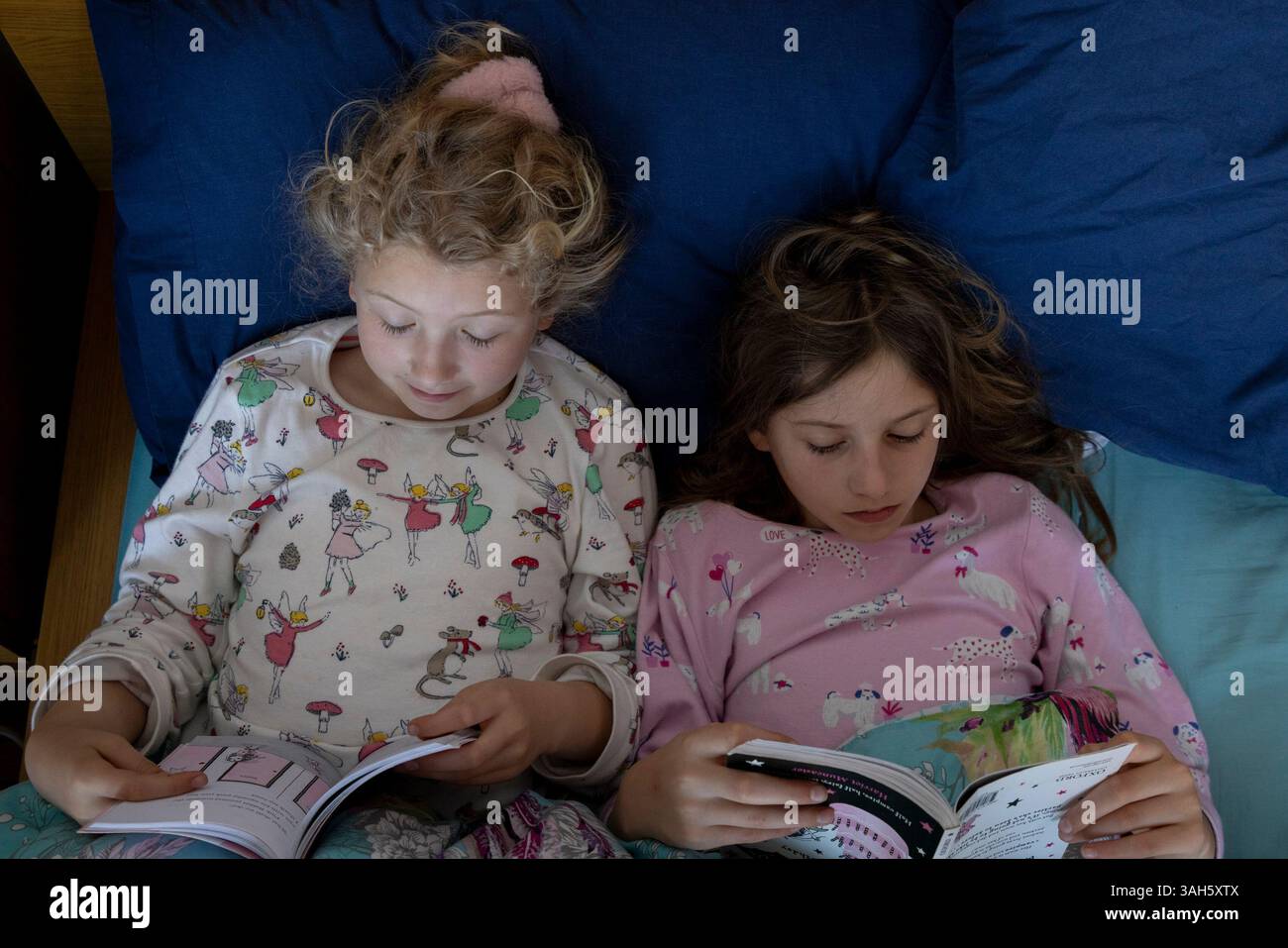 Two children sisters each reading books in bed side by side. The girls ...