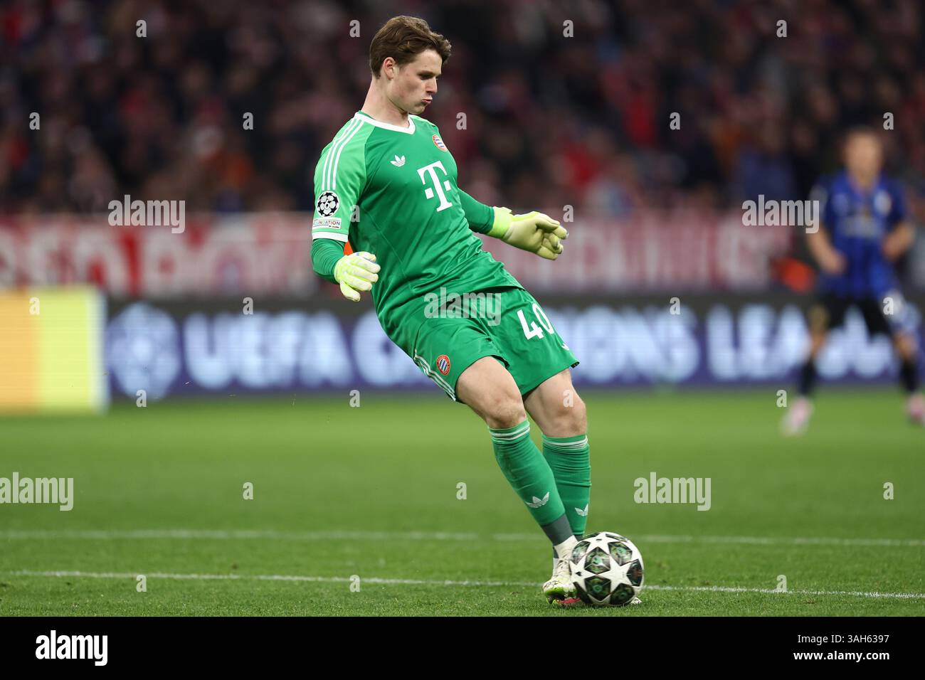 Munchen, Germany. 08th Apr, 2025. Jonas Urbig of FC Bayern Munich in ...