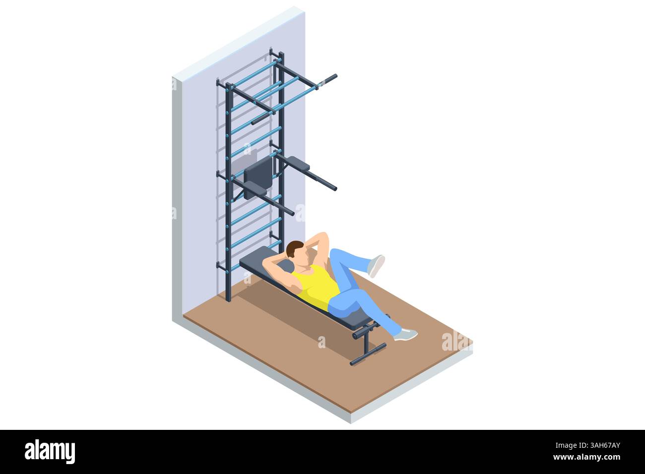 Crunches. Isometric vector illustration of a man doing bicycle crunches ...